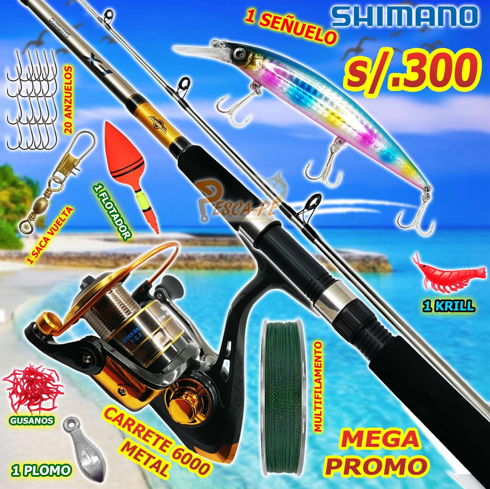 MegaCombo Caña de pescar Shimano FX 2.7m Carrete AngelShark 6000 ...
