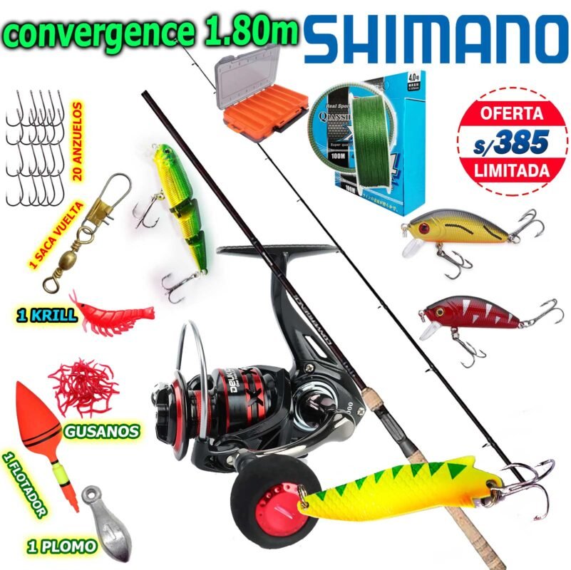 Combo caña de shimano carbono convergence 1.80m carrete deukio 4000 multifilamento señuelos ...