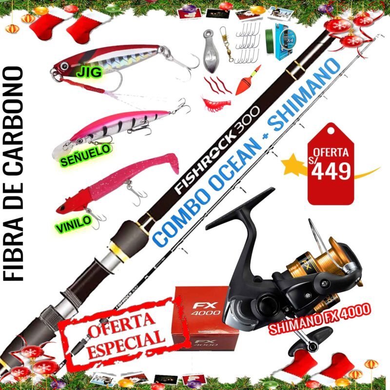 Combo Caña de Pescar Ocean® FISHROCK 3.0m Carrete Shimano® FX 4000 Con ...