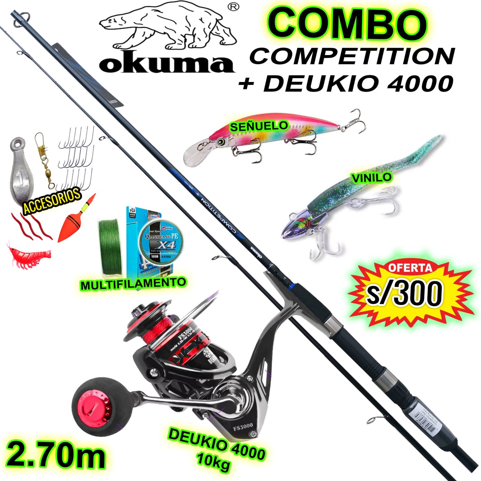 COMBO CAÑA OKUMA COMPETITION 2.70 + DEUKIO 4000 COMPLETO - PescaPe ...