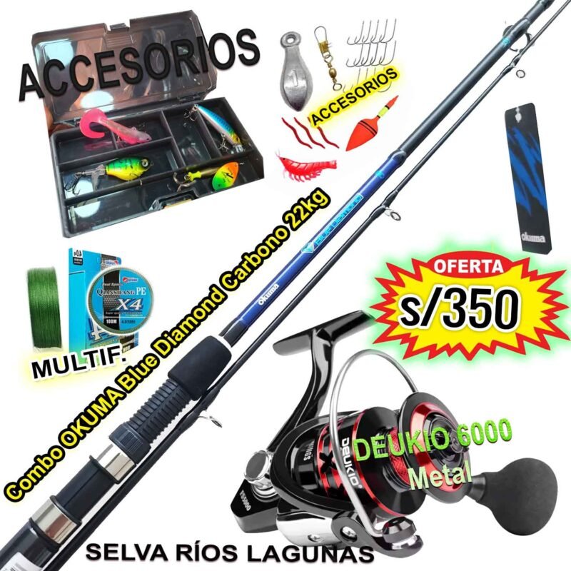 COMBO OKUMA BLUE DIAMOND 1.80M CARBONO + DEUKIO 6000 CON ACCESORIOS ...
